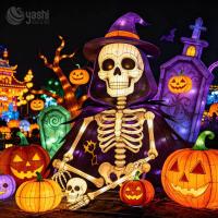 China Custom Skeleton Wizard Halloween Lantern, Large LED Grim Reaper‑Style Light Sculpture with Pumpkin & Tombstone Decor for sale