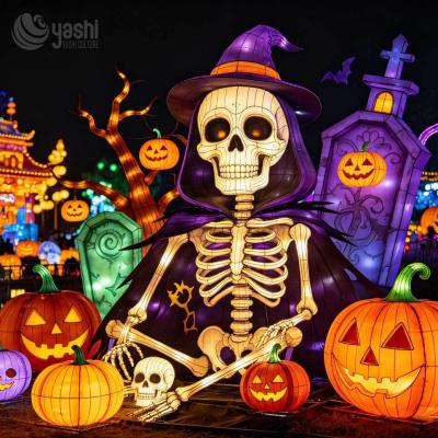 China Custom Skeleton Wizard Halloween Lantern, Large LED Grim Reaper‑Style Light Sculpture with Pumpkin & Tombstone Decor for sale