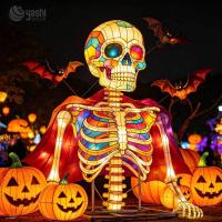 China Custom Halloween Skeleton Carriage Lantern, Large LED Ghost Coach Light Sculpture with Skeleton Horses & Skull Driver for sale