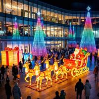 China Custom 4 Reindeer Pull Sleigh LED Motif Lights, Outdoor Christmas Reindeer Sleigh Light Sculpture For Plaza Holiday Light Show for sale