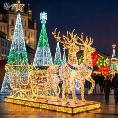 China Custom 2 Reindeer With Sleigh Wire Frame LED Motif Lights, Outdoor Christmas Reindeer Sleigh Light Sculpture For City Square Exhibition for sale