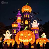 China Custom Halloween Haunted House Castle Lantern Set, Large LED Spooky Light Sculpture with Pumpkin, Ghost & Tombstone for sale