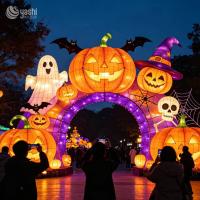 China Custom Cyber‑Punk Pumpkin Robot Halloween Lantern Set, Large LED Sci‑Fi Spooky Light Sculpture with Ghost & Skull for sale