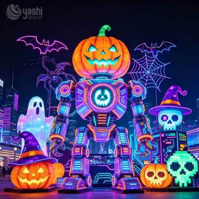 China Custom Cyber‑Punk Pumpkin Robot Halloween Lantern Set, Large LED Sci‑Fi Spooky Light Sculpture with Ghost & Skull for sale