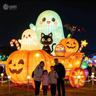 China Custom Cute Pumpkin Carriage Halloween Lantern Set, Large LED Family‑Friendly Light Sculpture with Ghost & Black Cat for sale