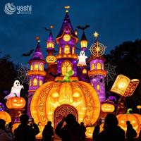 China Custom Magical Pumpkin Castle Halloween Lantern Set, Large LED Spooky‑Fantasy Light Sculpture with Ghost & Bats for sale