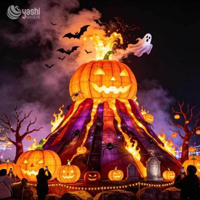 China Custom Halloween Volcano Pumpkin Lantern Set, Large LED Spooky Light Sculpture with Bats, Spiders & Ghost for sale