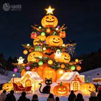 China Custom LED Gingerbread House Pumpkin Lantern Set, Outdoor Halloween & Christmas Mixed Theme Light Sculpture with Ghost, Deer & Snowman, Support Customization for sale
