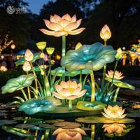 China Custom Giant Floating Lotus LED Lantern with Dragonfly Decor, String‑dot Water Lily Light Sculpture for Lake Festival for sale