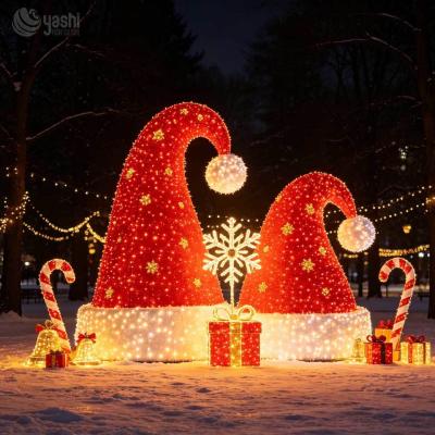 China Custom LED Wireframe Santa Hat Light Sculpture Set, Giant Double Santa Hat Christmas Light Display with Gift Boxes & Snowflake for Outdoor Light Festival, Support Customization for sale