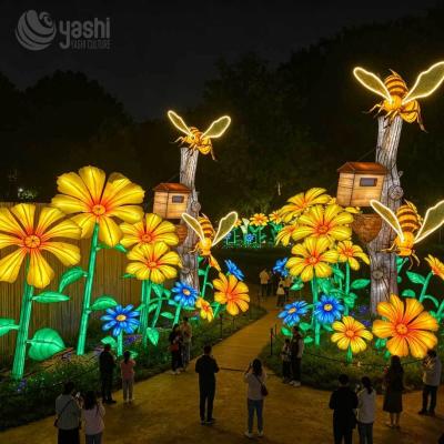 China Giant Bee and Flower Festival Silk Lantern Outdoor LED Light Sculpture for Theme Park Night Tour Garden Decoration for sale