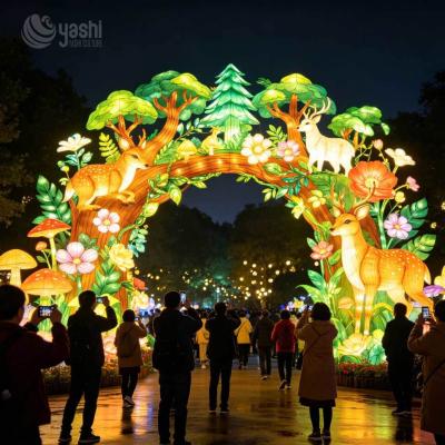 China Custom Forest Deer Arch Festival Lantern, Large Outdoor LED Silk Light Sculpture for Theme Park Night Tour Entrance Decoration for sale