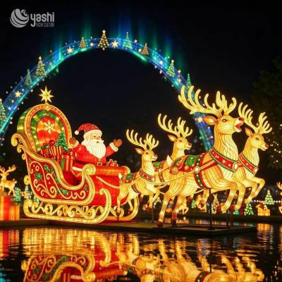 China Custom Large Outdoor Santa Sleigh Reindeer Festival Lantern Set With Christmas Tree Arch LED Holiday Light Installation for sale