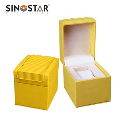 China Custom Leather Watch Box 10x10x5 Inches with Beige Velvet Interior and UV Gold Stamping for sale