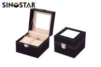 China Black Leather Double Watch Box Glass Top Jewelry Case Organizer 2 Watch Storage for sale