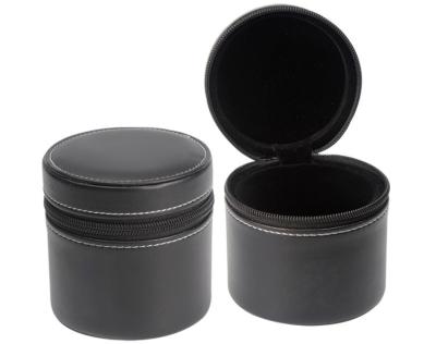 China Round Leather Watch Travel Case with Zipper 8cm Black Mens Watch Jewelry Box for sale