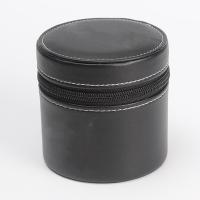 China Round Leather Watch Travel Case with Zipper 8cm Black Mens Watch Jewelry Box for sale