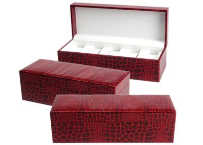 China Red 5 Slot Watch Box MDF Velvet Rectangle Luxury Mens Womens Storage Case Custom Logo for sale