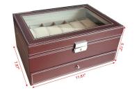 China Handmade 12 Slot Wooden Watch Storage Box Brown Leather Jewelry Case 330x200x90mm for sale