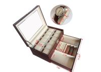 China Handmade 12 Slot Wooden Watch Storage Box Brown Leather Jewelry Case 330x200x90mm for sale