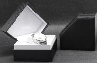 China Luxury Plastic Leather Watch Gift Box with Velvet Pillow Insert Hot Stamping Logo Customizable for sale