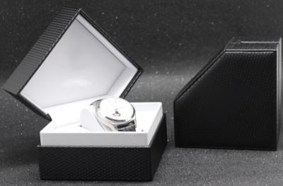 China Luxury Plastic Leather Watch Gift Box with Velvet Pillow Insert Hot Stamping Logo Customizable for sale