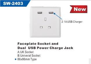 China faceplate socket and dual usb power charge jack A:UK socket B:Univeral socket  86*86mm type for sale