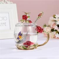 China Glass Enamel 320ml Coffee Mug Cups With Spoon Handmade Butterfly Rose for sale