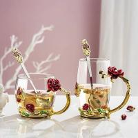 China Glass Enamel 320ml Coffee Mug Cups With Spoon Handmade Butterfly Rose for sale