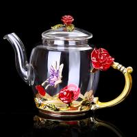 China 380ml Floral Glass Teapot With Gold Leaves Edge Floral Vintage Teapot Set for sale