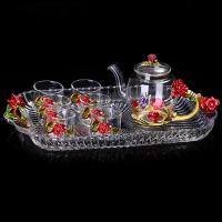 China 380ml Floral Glass Teapot With Gold Leaves Edge Floral Vintage Teapot Set for sale