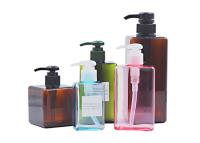 China Clear Brown and Green 250 450 650ml Empty PET Packaging square Plastic Shampoo Bottle for Liquid and Lotion for sale