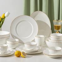 China Gold Line White Bone China Embossed Tableware Wedding Charger Plate Dinner Plate Bowl Mug Coffee Cup Set 100pcs for sale