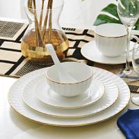 China Gold Line White Bone China Embossed Tableware Wedding Charger Plate Dinner Plate Bowl Mug Coffee Cup Set 100pcs for sale