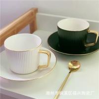 China European Style Striped Ceramic Coffee Cup Set with Spoon and Saucer 200ml for sale