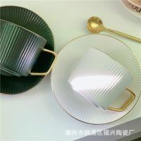 China European Style Striped Ceramic Coffee Cup Set with Spoon and Saucer 200ml for sale