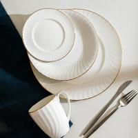 China Gold Line White Bone China Embossed Tableware Wedding Charger Plate Dinner Plate Bowl Mug Coffee Cup Set 100pcs for sale