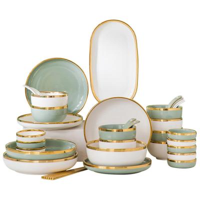 China Nordic Luxury Emerald Green Ceramic Dinnerware Set with Gold Rim 16-Piece for sale