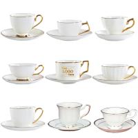 China Wholesale Customizable Sublimation Coated Bone China Mug with Saucer 180ml 250ml Gold Rim for sale