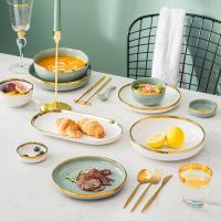 China Nordic Luxury Emerald Green Ceramic Dinnerware Set with Gold Rim 16-Piece for sale