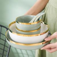 China Nordic Luxury Emerald Green Ceramic Dinnerware Set with Gold Rim 16-Piece for sale