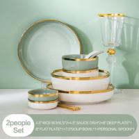 China Nordic Luxury Emerald Green Ceramic Dinnerware Set with Gold Rim 16-Piece for sale