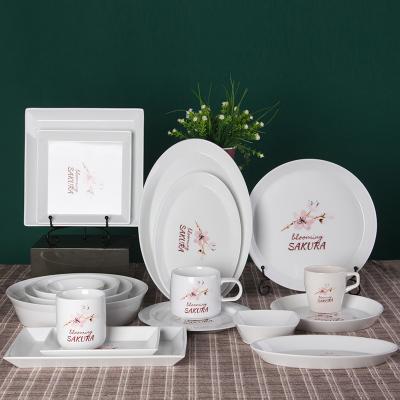China Japanese Cherry Blossom White Ceramic Dinner Plate Set 4 Shapes Baking Dessert Bowl Mug for sale