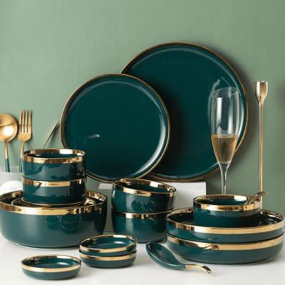 China Gold Frame Dark Green Porcelain Dinner Set 27x27x20cm Ceramic Tableware 16 Piece for sale