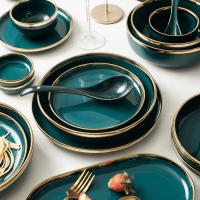 China Gold Frame Dark Green Porcelain Dinner Set 27x27x20cm Ceramic Tableware 16 Piece for sale