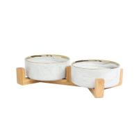 China Eco Friendly Marble Ceramic Raised Dog Bowls with Wooden Stand 2 Bowl Set for sale