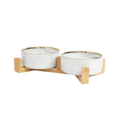 China Eco Friendly Marble Ceramic Raised Dog Bowls with Wooden Stand 2 Bowl Set for sale