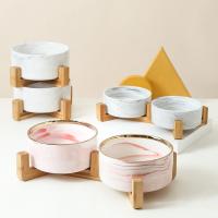 China Eco Friendly Marble Ceramic Raised Dog Bowls with Wooden Stand 2 Bowl Set for sale