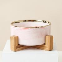 China Eco Friendly Marble Ceramic Raised Dog Bowls with Wooden Stand 2 Bowl Set for sale
