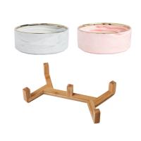 China Eco Friendly Marble Ceramic Raised Dog Bowls with Wooden Stand 2 Bowl Set for sale